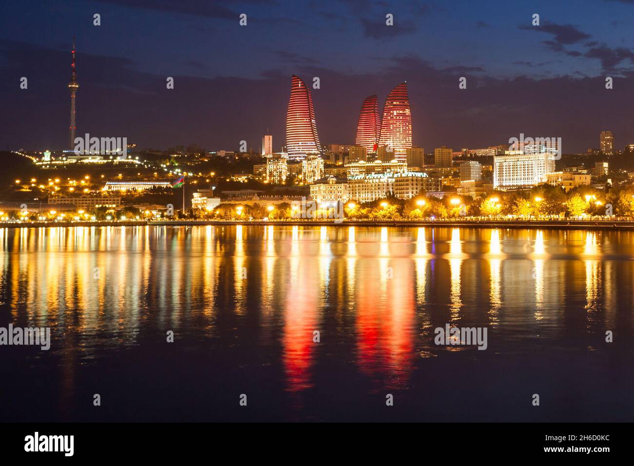 Baku skyline panorama at night. Baku is the capital and largest city of ...