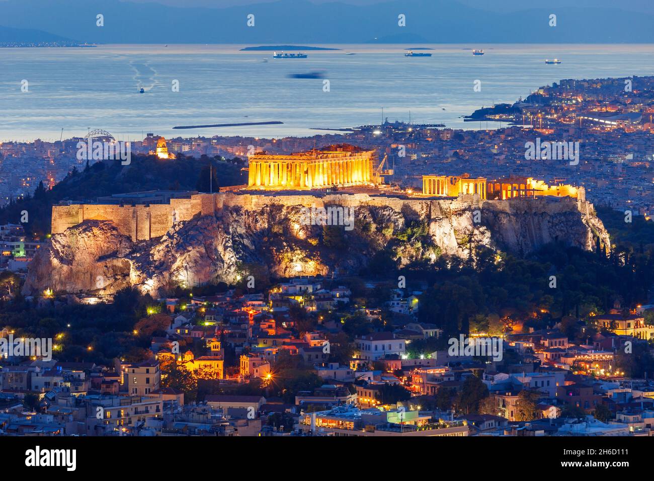 The Parthenon Temple aerial panoramic view at night. Parthenon Temple ...