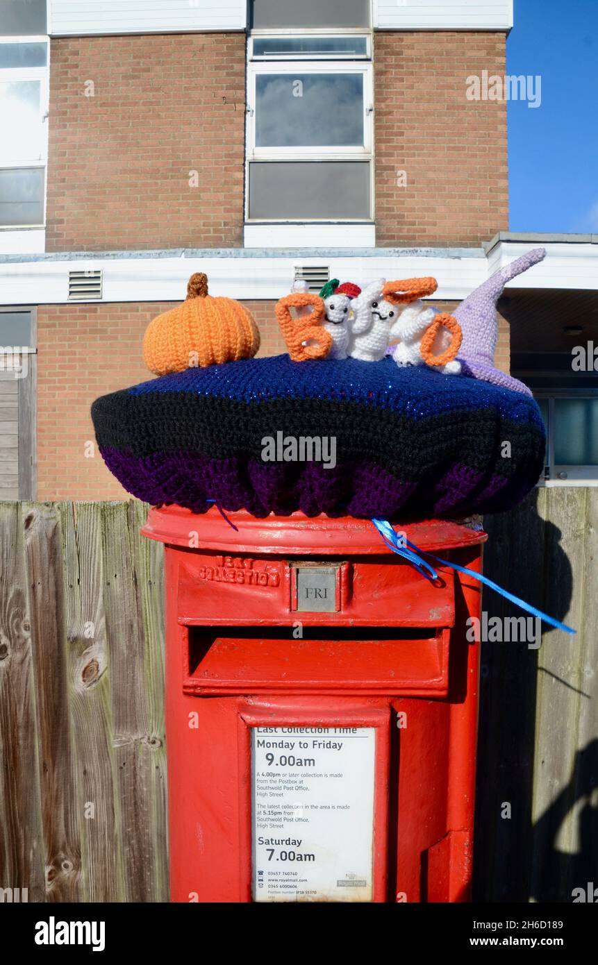 red post boxes decorated with knitted scenes in southwold suffolk ...