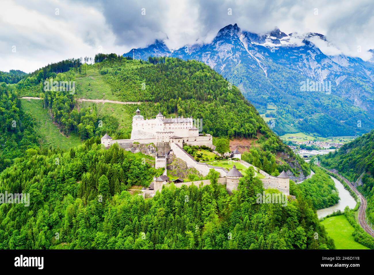 Hohenwerfen Castle or Festung Hohenwerfen aerial panoramic view ...