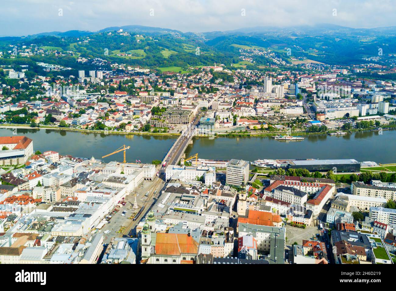 Linz city centre and Danube river aerial panoramic view in Austria ...