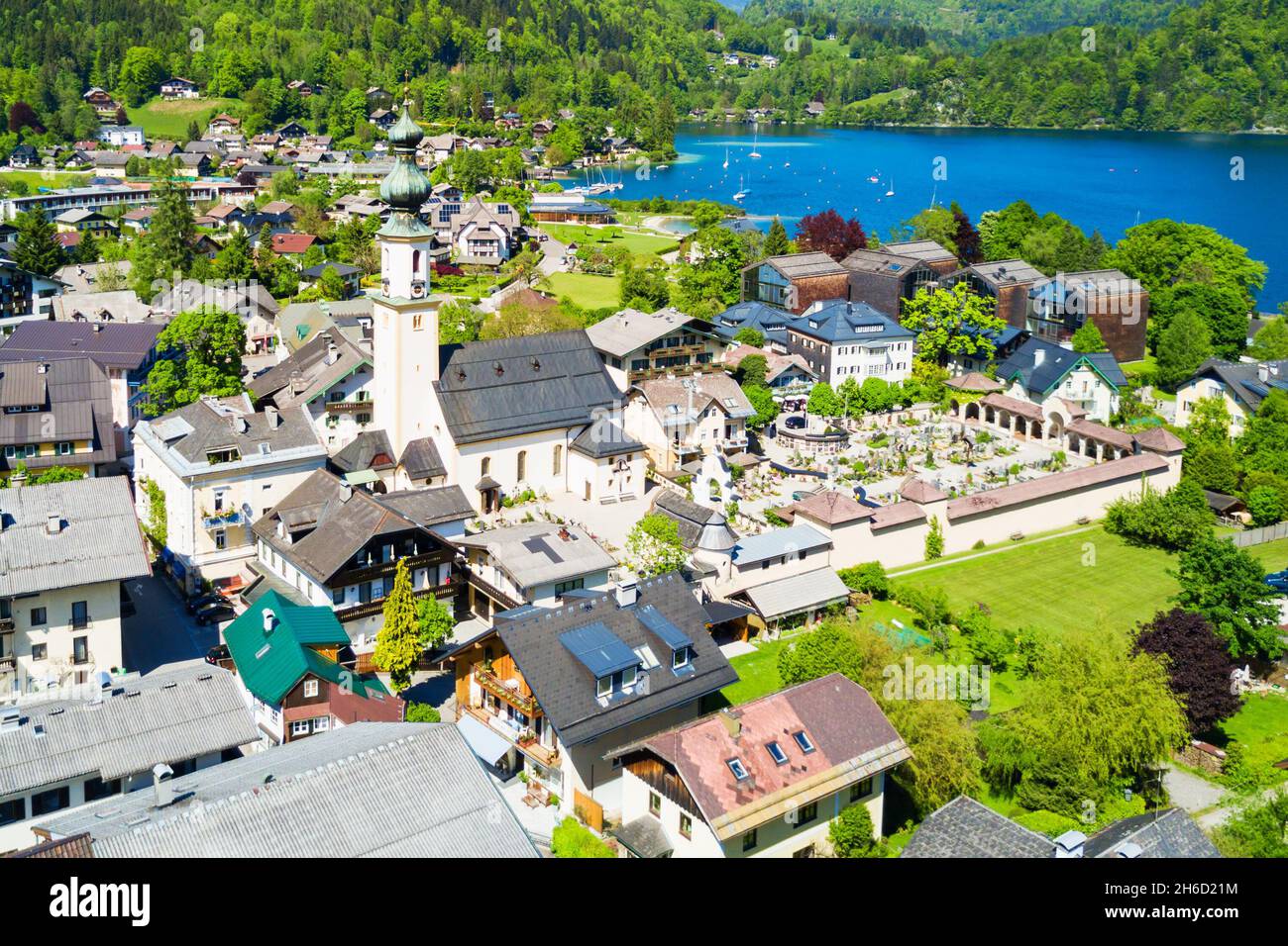 St. Gilgen and Wolfgangsee lake aerial panoramic view in Salzkammergut ...