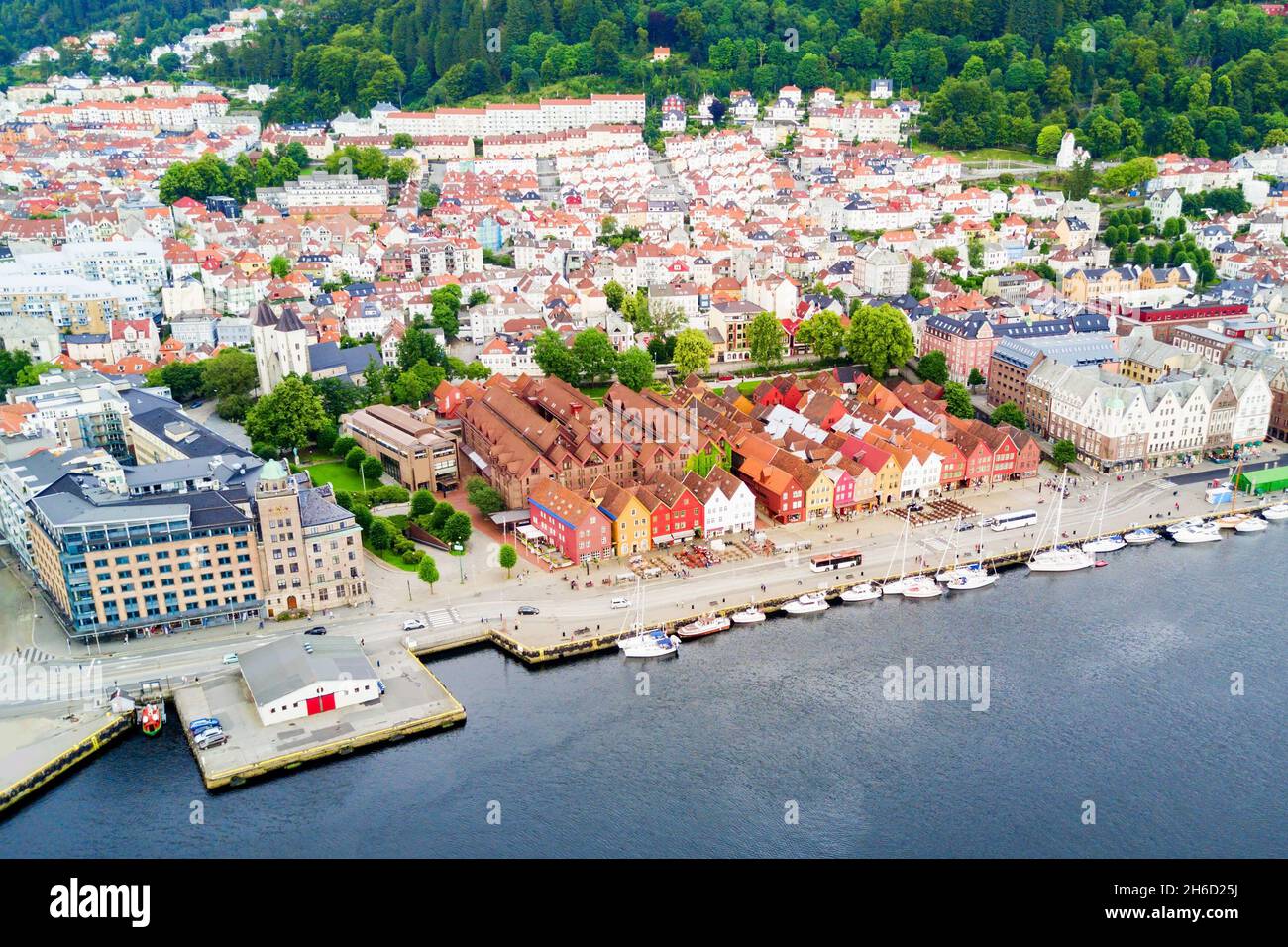 Bryggen aerial panoramic view. Bryggen is a series commercial buildings ...