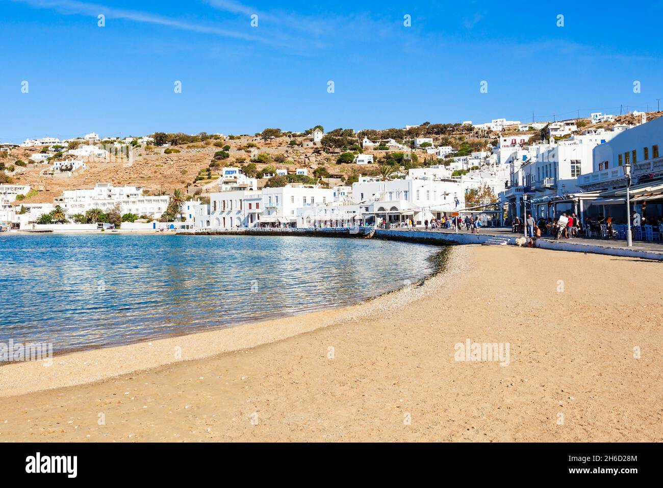 Mykonos city beach on the Mykonos island, Cyclades in Greece Stock ...