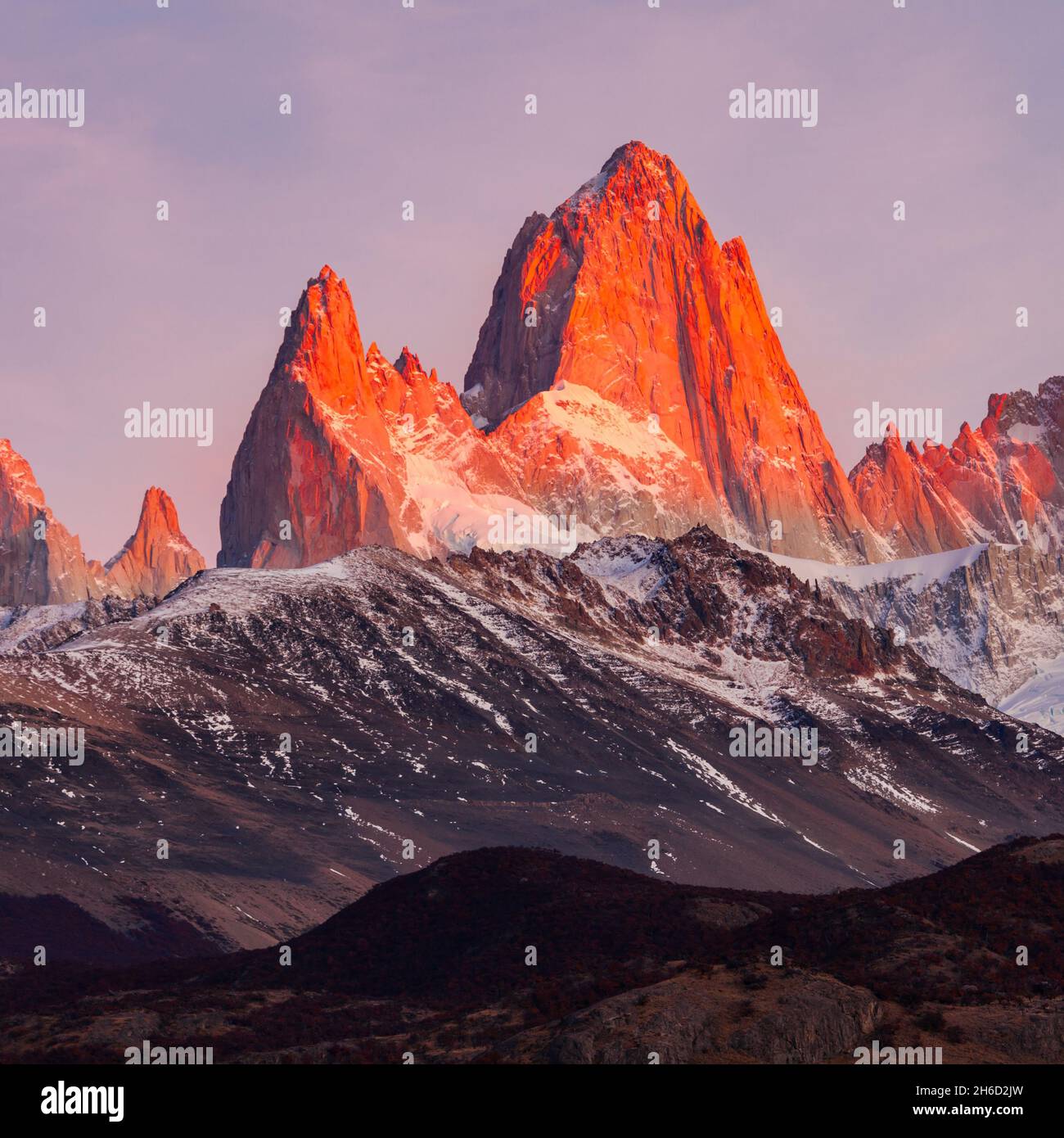 Fitz Roy close up sunrise view. Fitz Roy is a mountain located near El ...