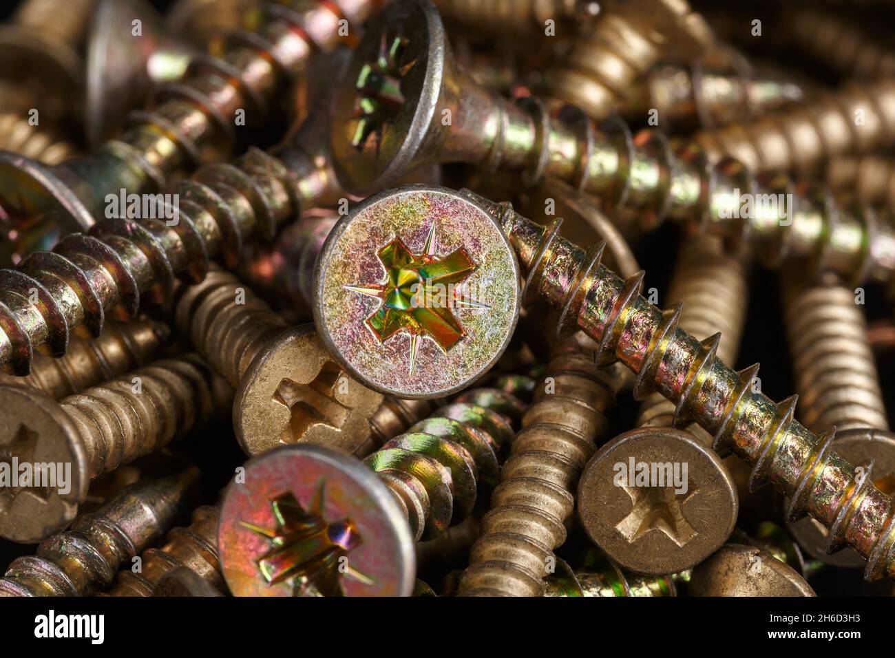 Self-tapping screws with galvanized coating and a Pozidrive head, close ...