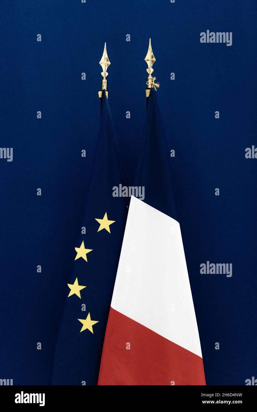 File photo dated anuary 5th, 2021 of a French flag and a European flag ...