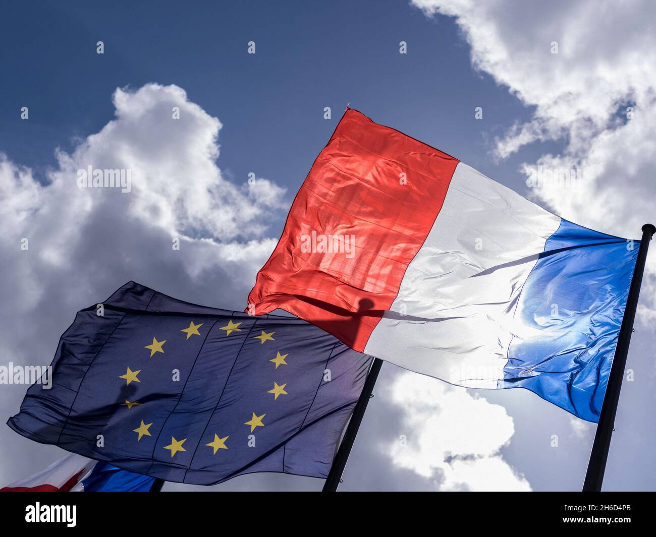 File photo dated March 3, 2018 of a French flag and a European flag in ...