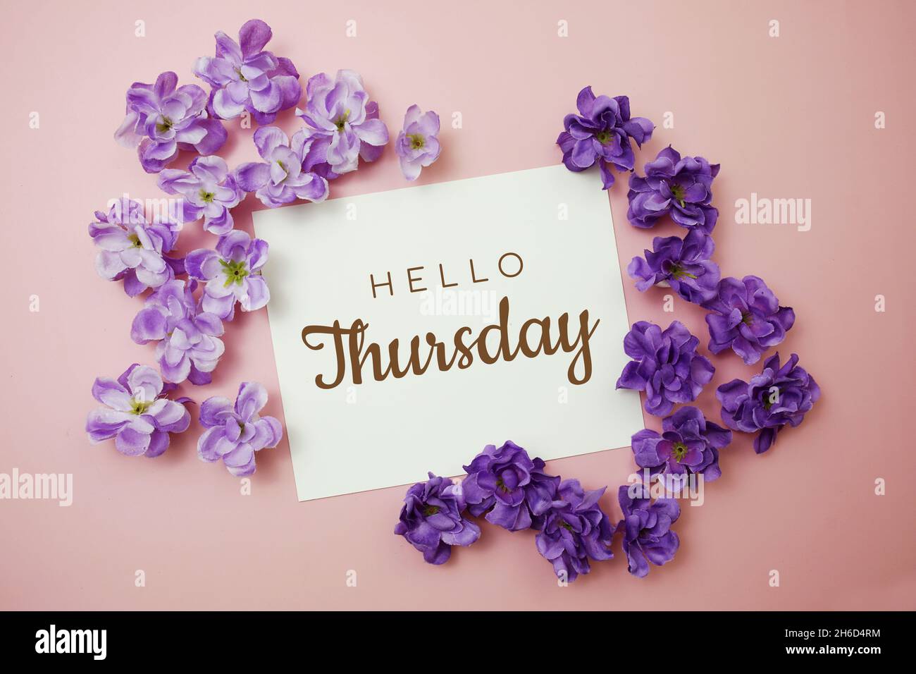 Hello Thursday card typography text with flower bouquet on pink ...
