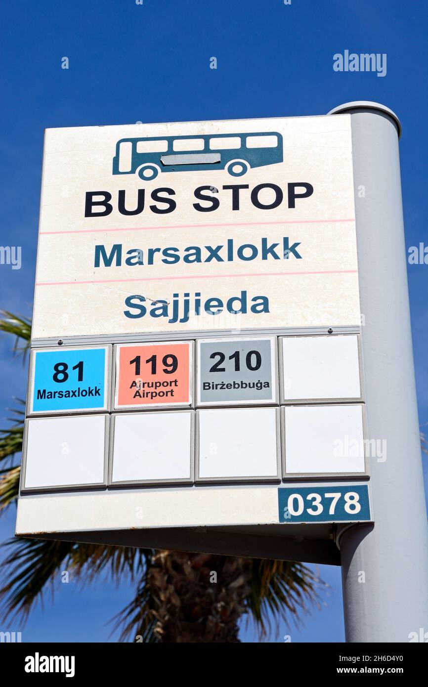 Bus stop sign showing destinations and bus numbers, Marsaxlokk, Malta ...