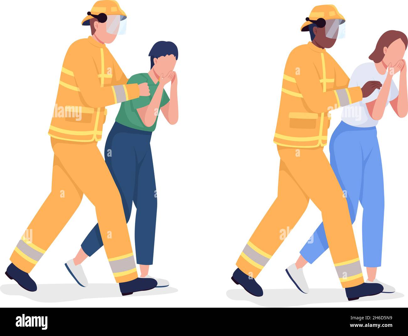 Firefighter evacuating people semi flat color vector characters set ...