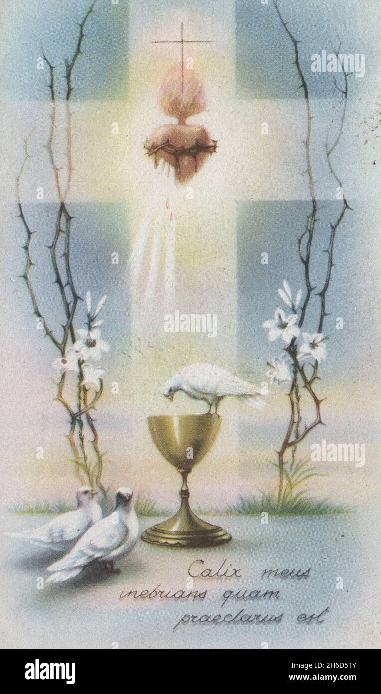 antique colored lithograph holy card Cross,Doves , goblet, IHS, flowers ...