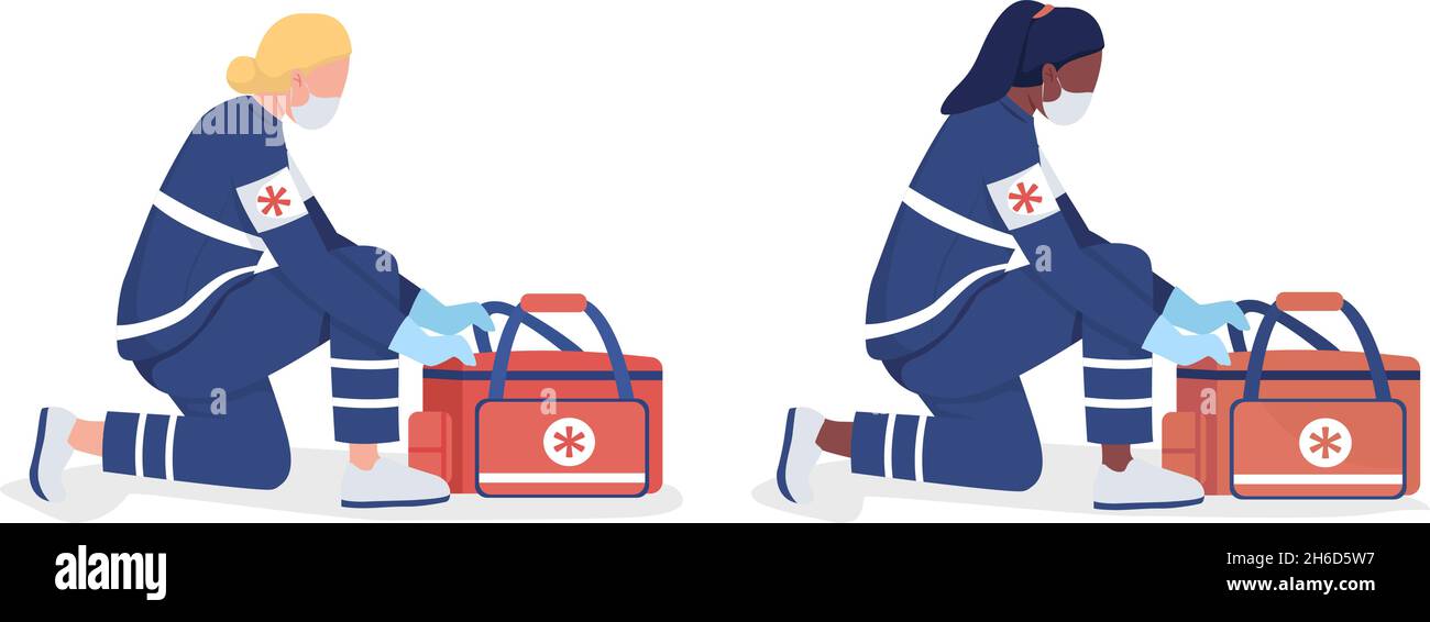 Emergency department personnel semi flat color vector characters set ...