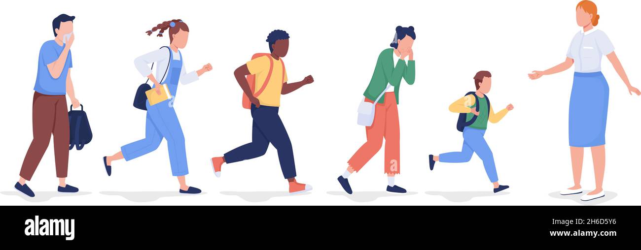 Evacuating students from school semi flat color vector characters set ...