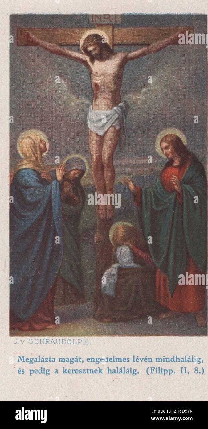 vintage lithograph colorful holy card about the crucified Jesus with ...