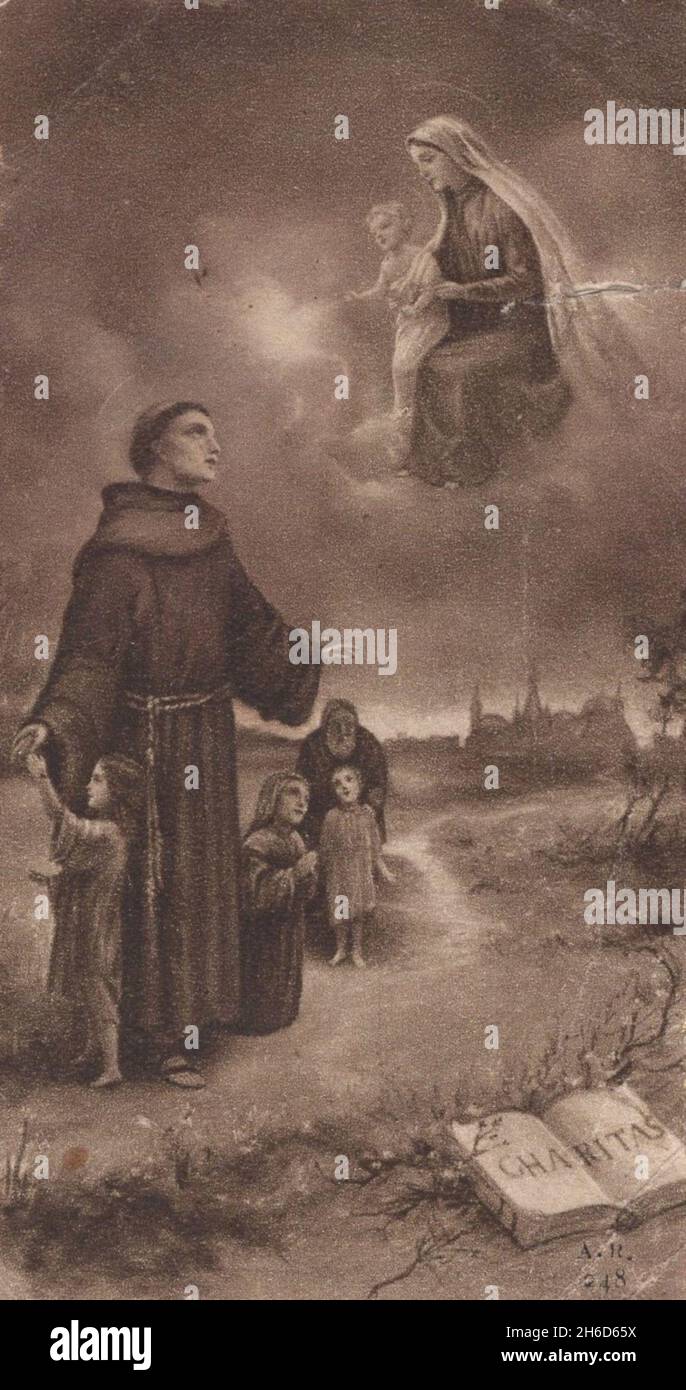 antique monochrome holy card Maria and the baby Jesus in the sky. A ...