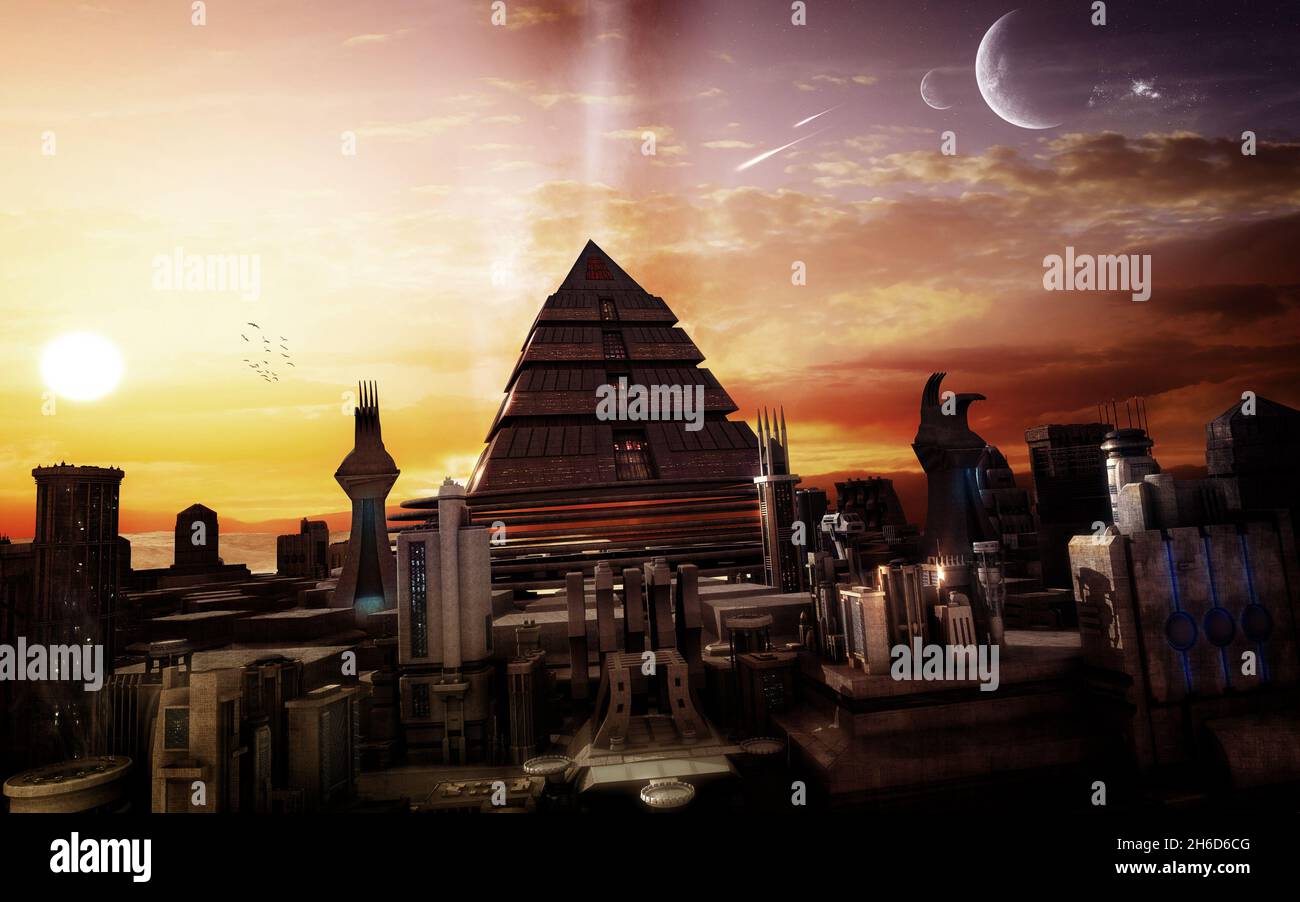 Majestic fantasy pyramid and a city with a magical sky Stock Photo - Alamy