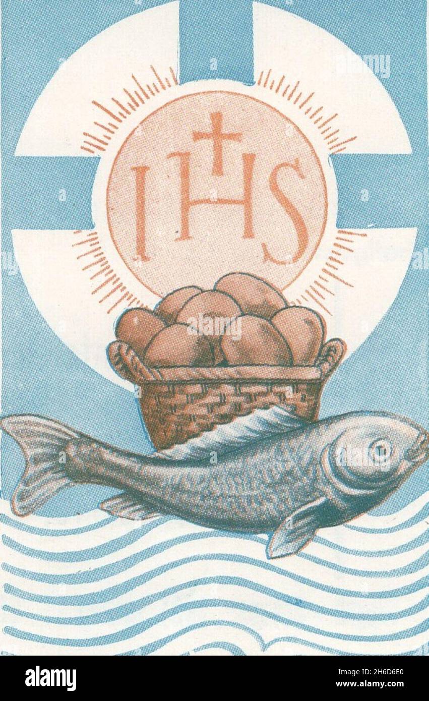 vintage colorful holy card IHS basket of bread and a fish 1910s ...