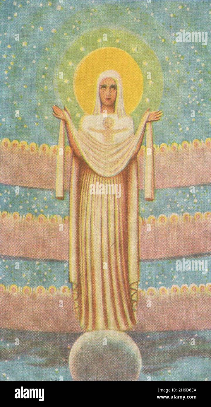 vintage holy card colored lithograph praying Saint Mary Maria with baby ...