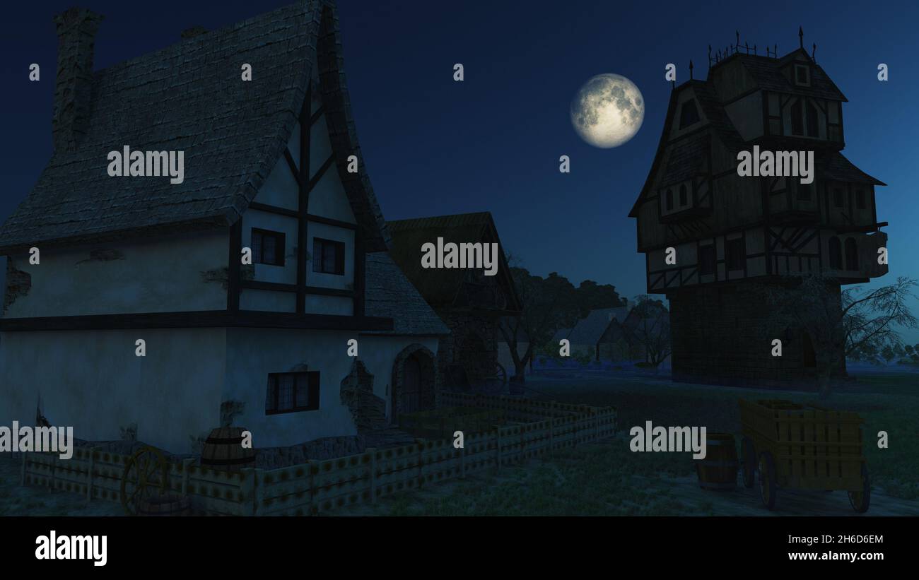 Illustration of a night in the medieval village Stock Photo - Alamy