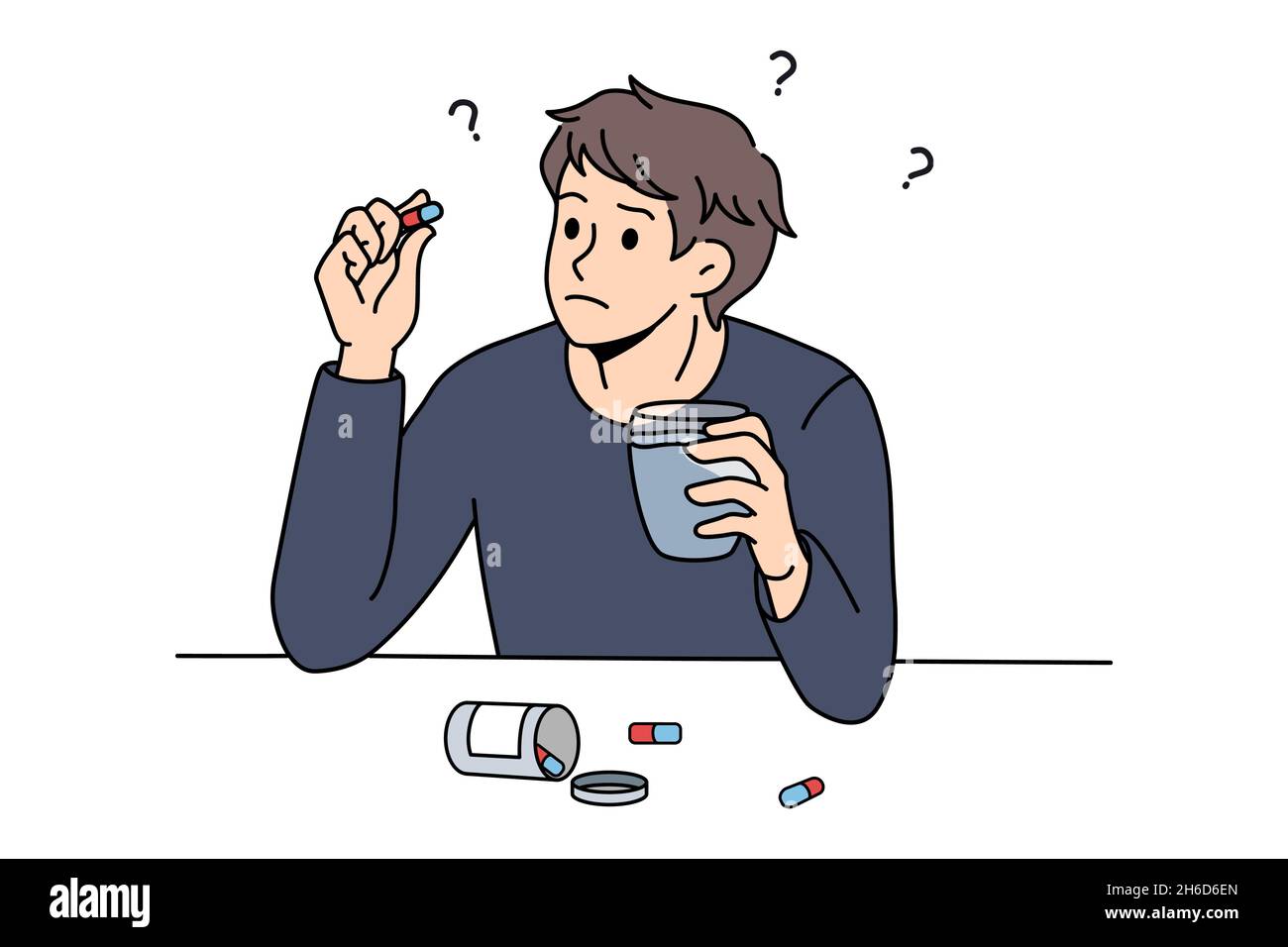 Confused young man doubt about taking antidepressant pills suffer from ...