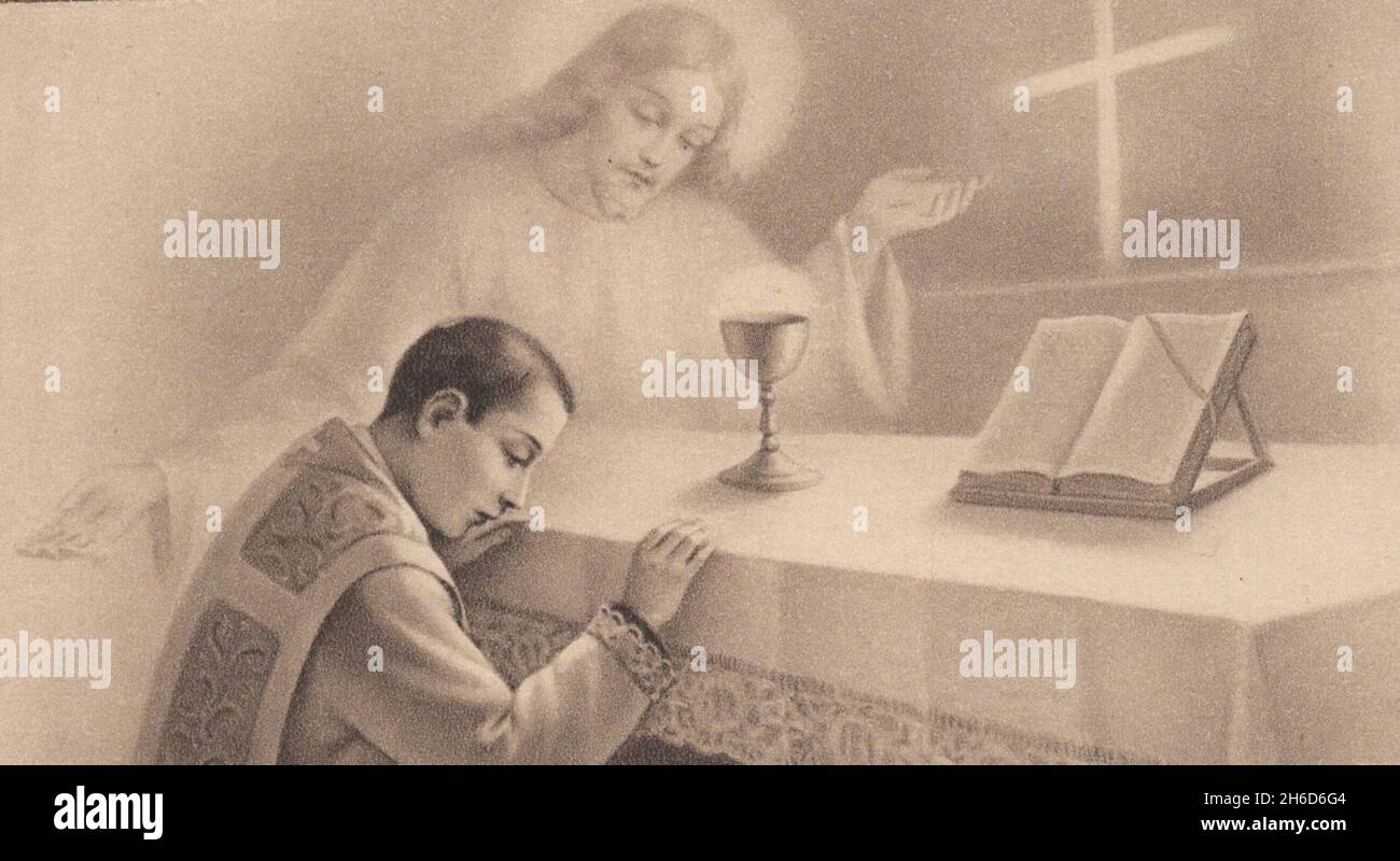 antique lithograph holy card Jesus with goblet and praying priest ...