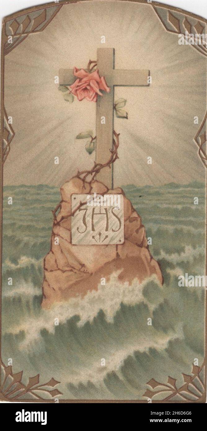 antique lithogrpah holy card IHS and Cross with flower rose Additional ...