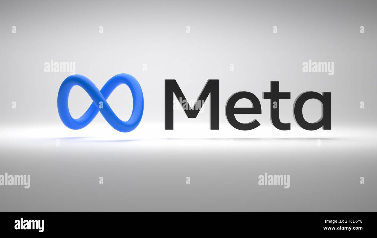 Logo of the new Facebook company Meta in 3D hovering over a seamless ...