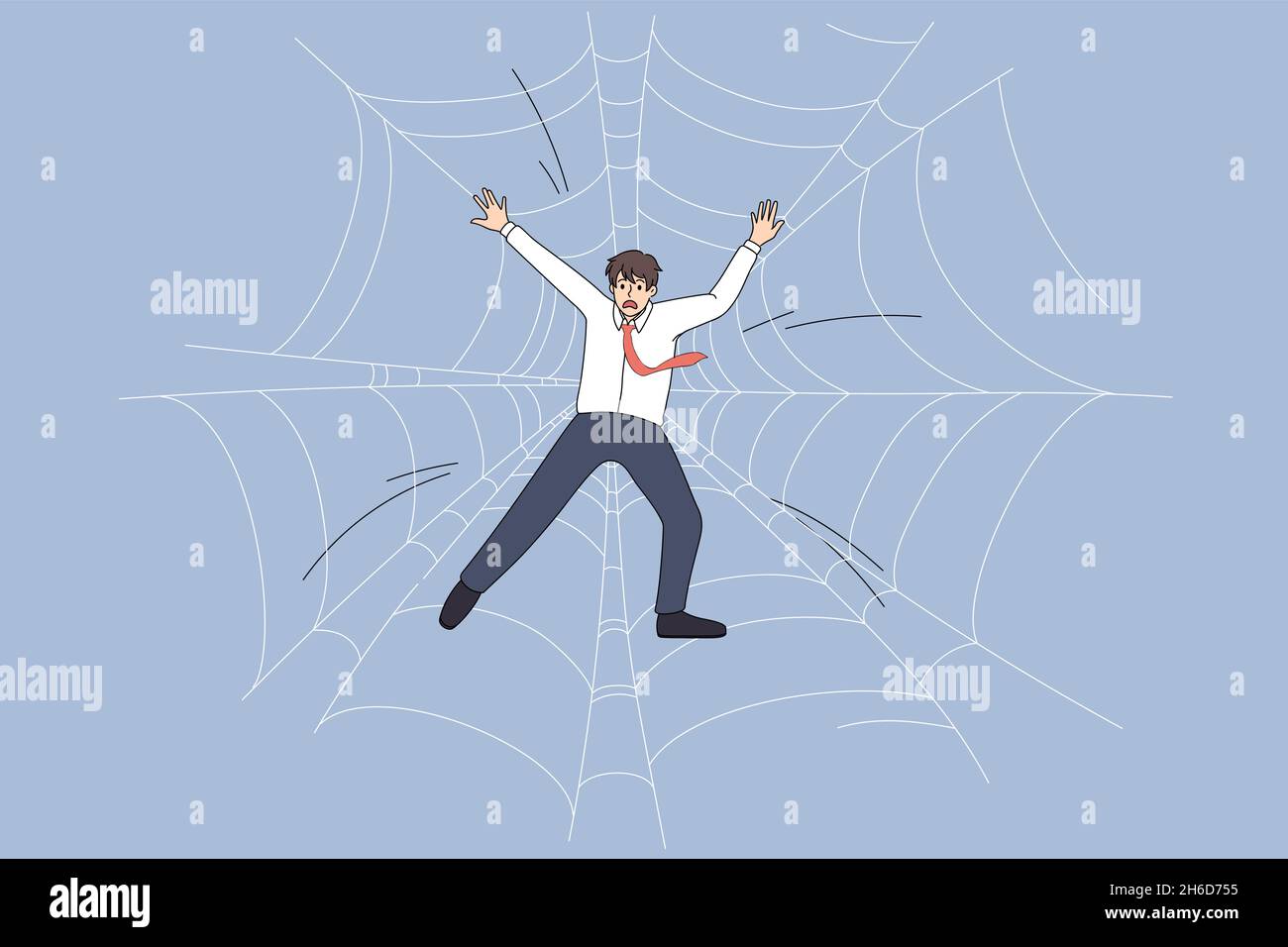 Anxious businessman trapped in spider web. Worried unhappy employee ...