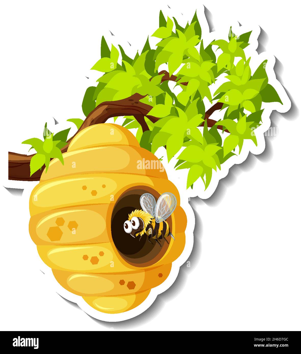 Beehive with little bee cartoon sticker illustration Stock Vector Image ...