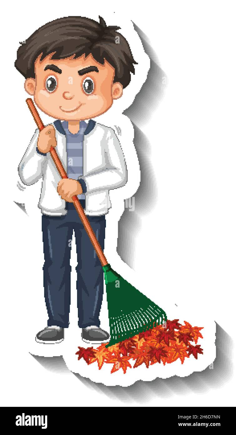 Boy raking leaves cartoon sticker on white background illustration ...