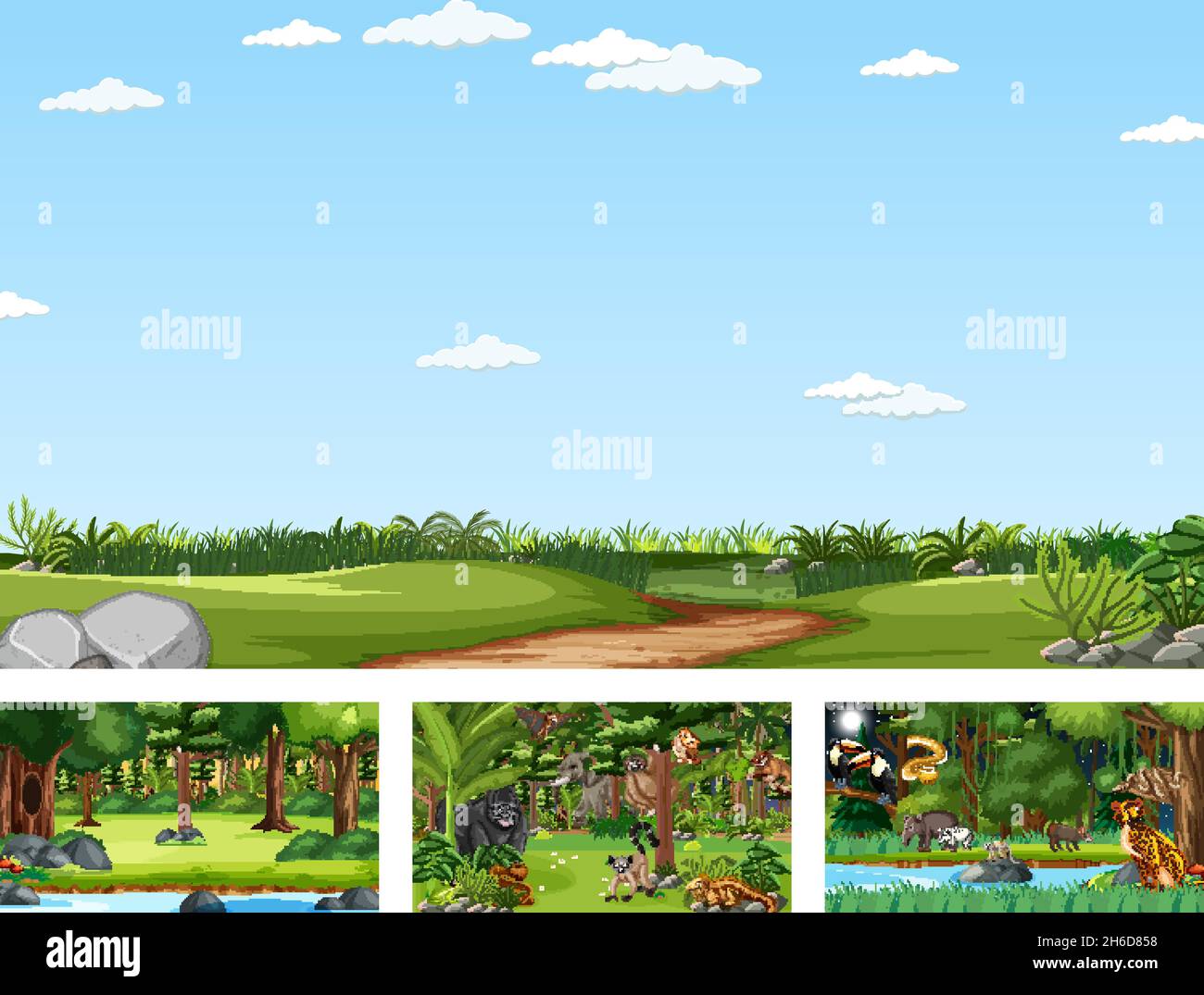 Set of different nature horizontal scene with various wild animals ...