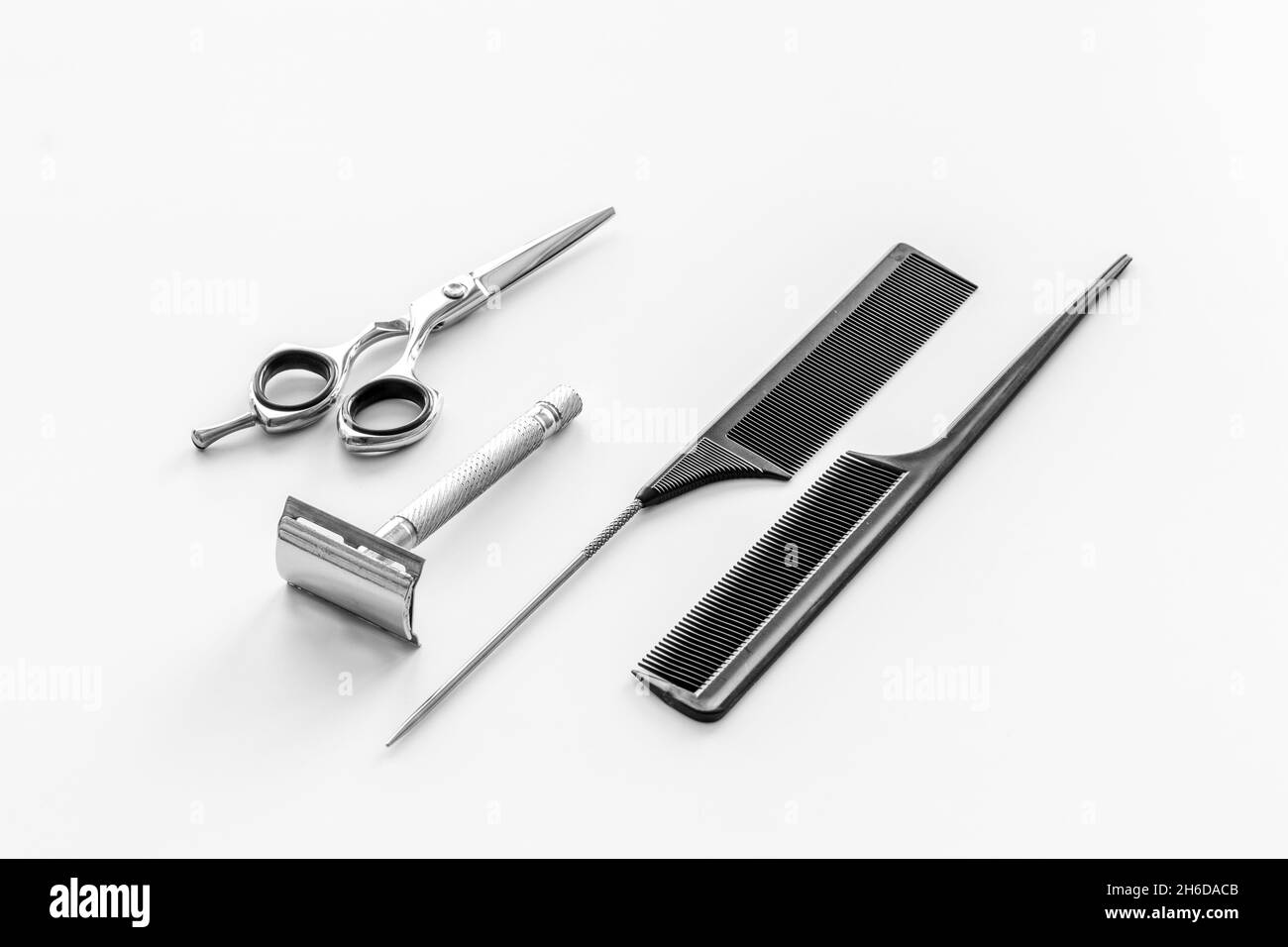 Set of barber shop equipment with hairdressing scissors and combs Stock ...