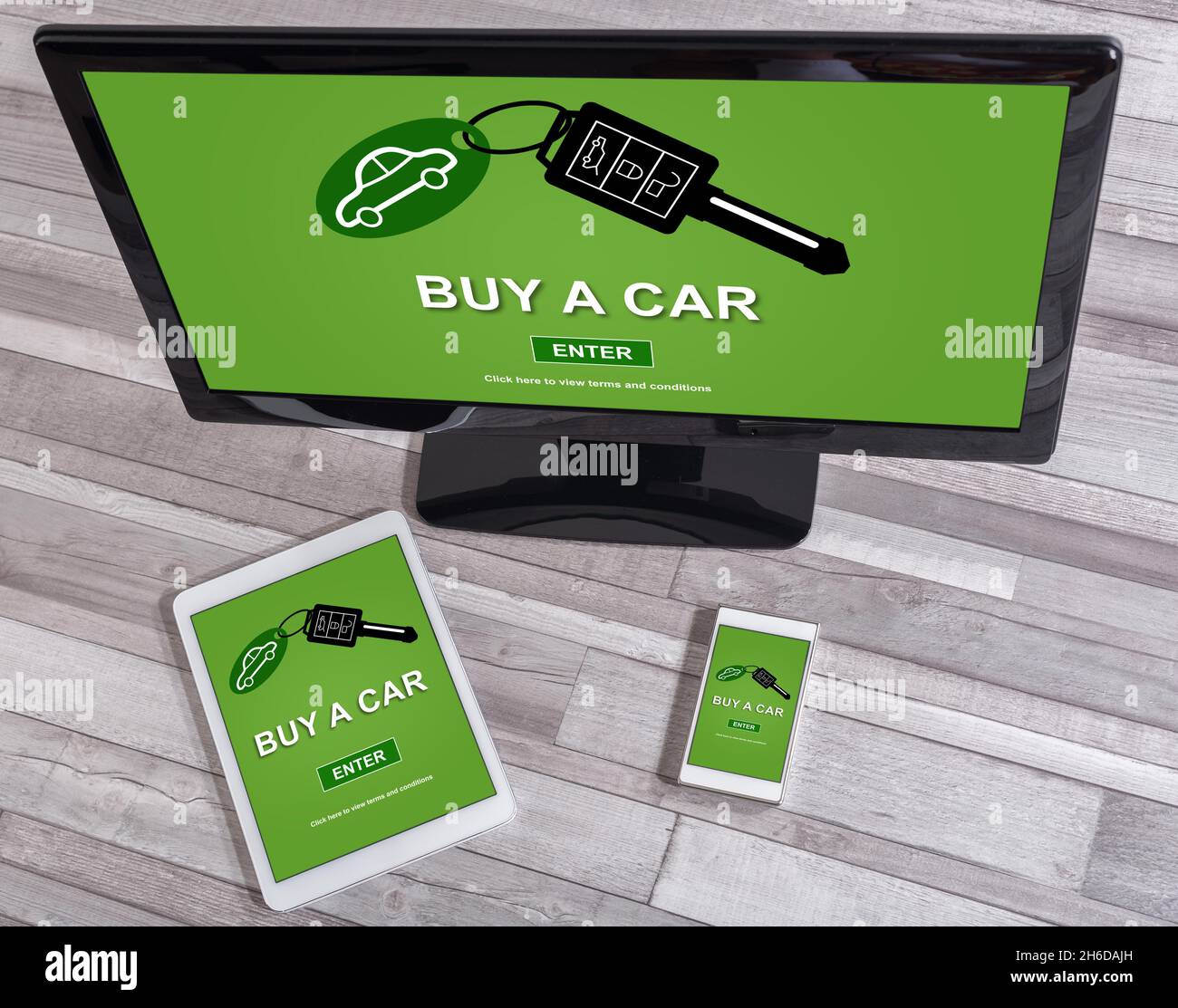 Car sale concept shown on different information technology devices ...