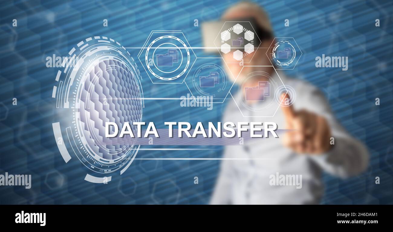 Man with vr headset touching a data transfer concept on a touch screen ...