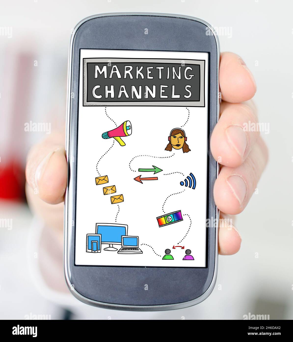 Hand holding a smartphone with marketing channels concept Stock Photo ...