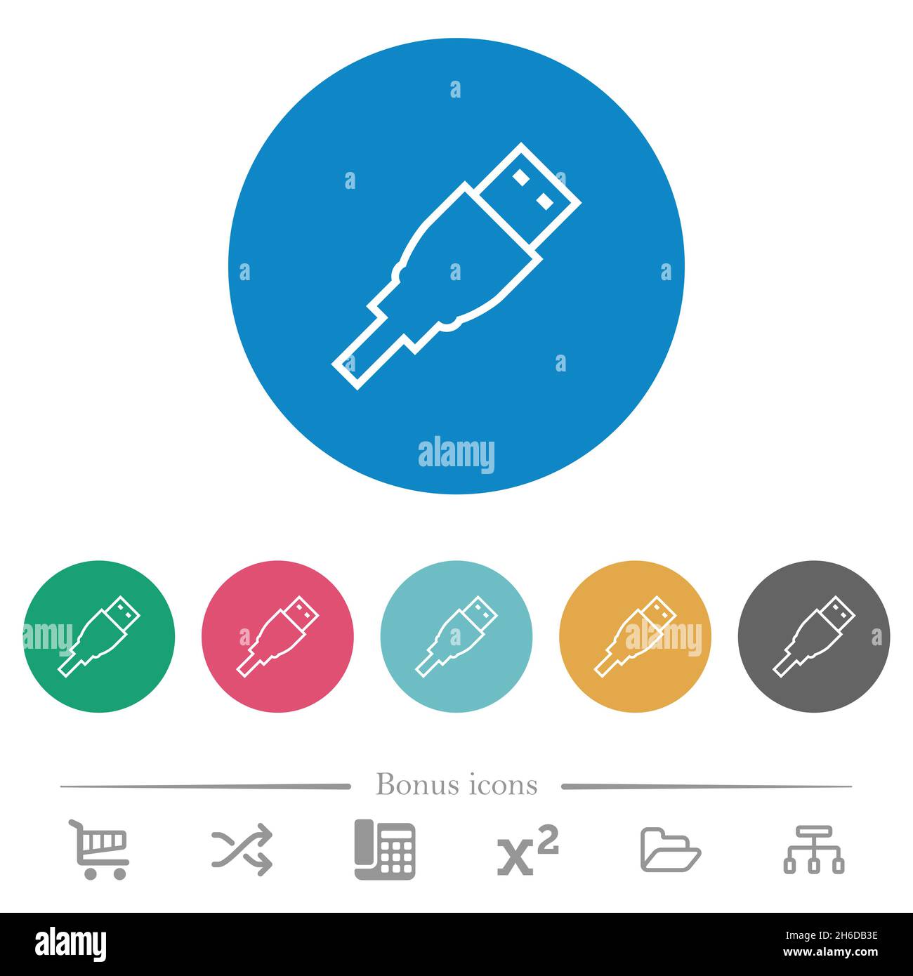 USB plug outline flat white icons on round color backgrounds. 6 bonus ...