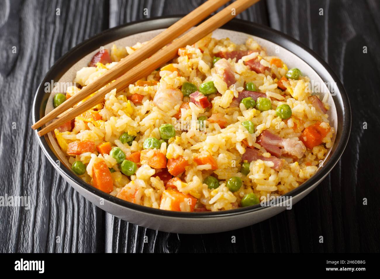 Chinese Egg Fried Rice Yang Chow Fried Rice close up in the plate on ...