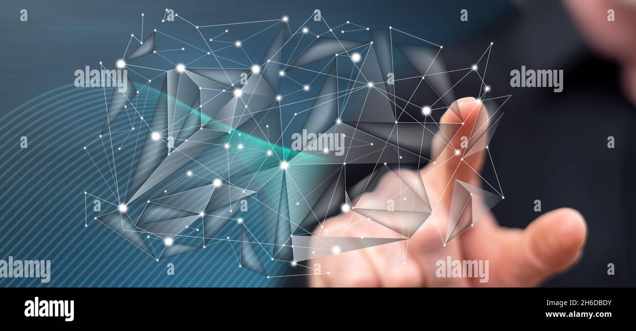 Man touching a virtual network on a touch screen with his finger Stock ...