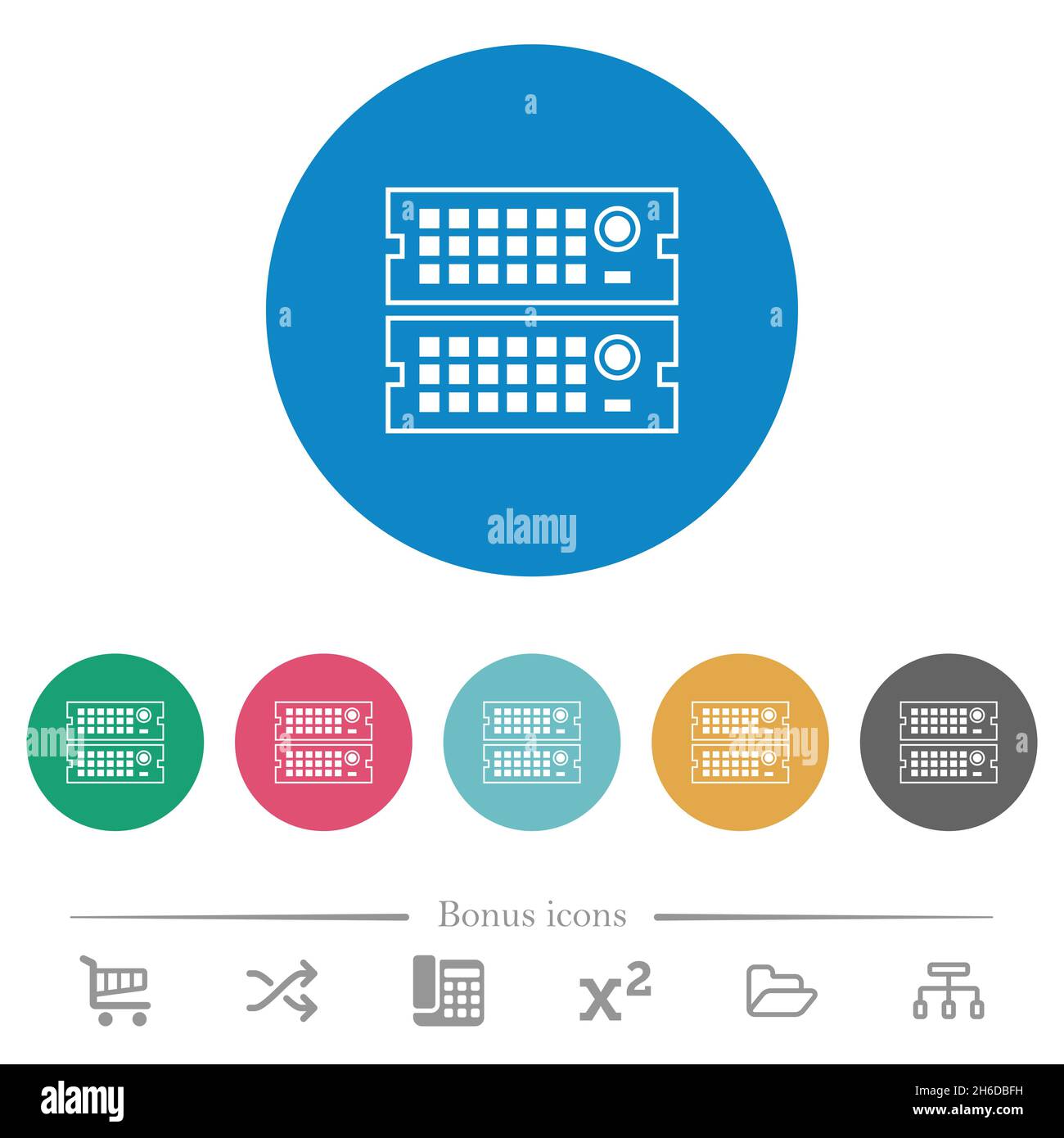 Rack servers outline flat white icons on round color backgrounds. 6 ...