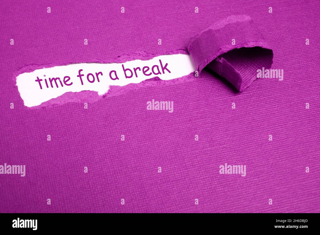 The text TIME TO BREAK appearing behind torn purple paper Stock Photo ...