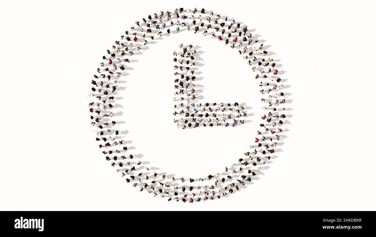 Concept conceptual large community of people forming the clock icon. 3d ...