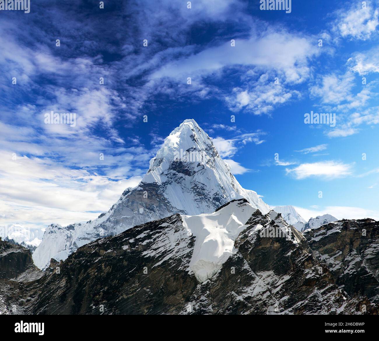 Mount Ama Dablam within clouds, way to Everest base camp, Khumbu valley ...