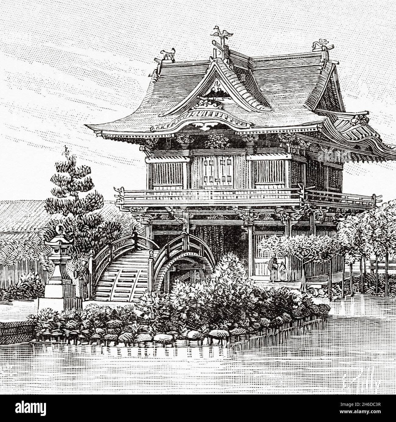 Traditional Japanese bridges. Small bridge and shrine in Kameido, near ...