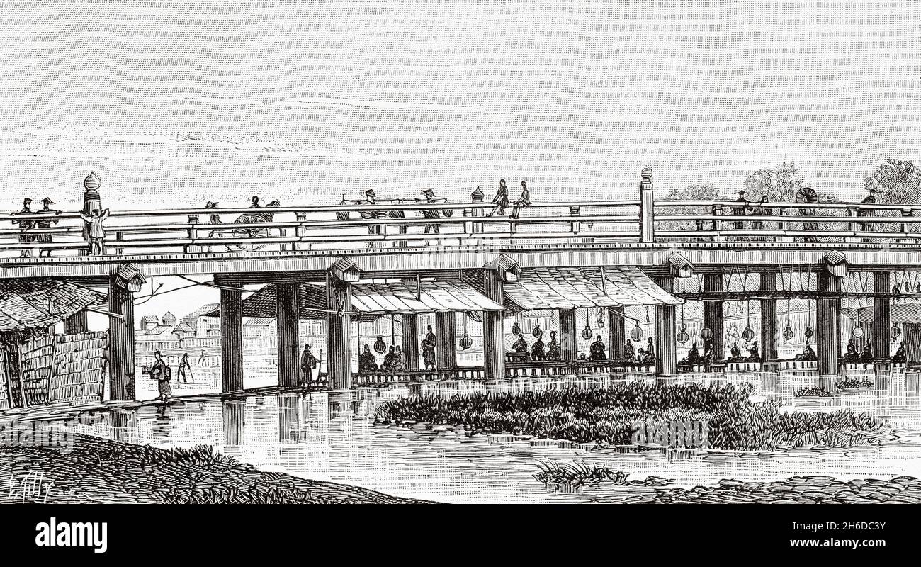 Traditional Japanese bridges. Large wooden bridge in Kyoto over the ...