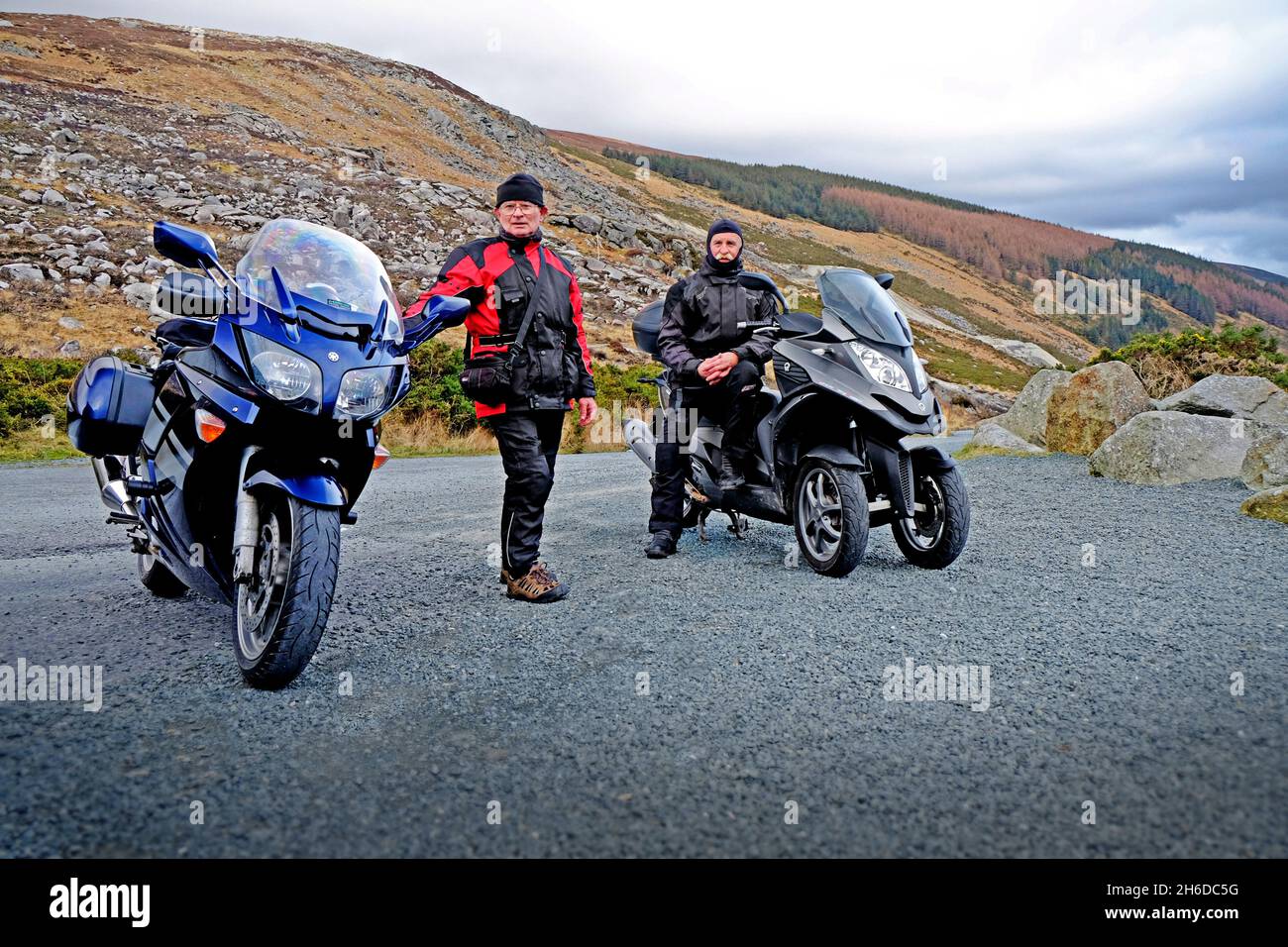 Two Bikers taking a break at the Wicklow Gap, Wicklow Ireland, Republic ...