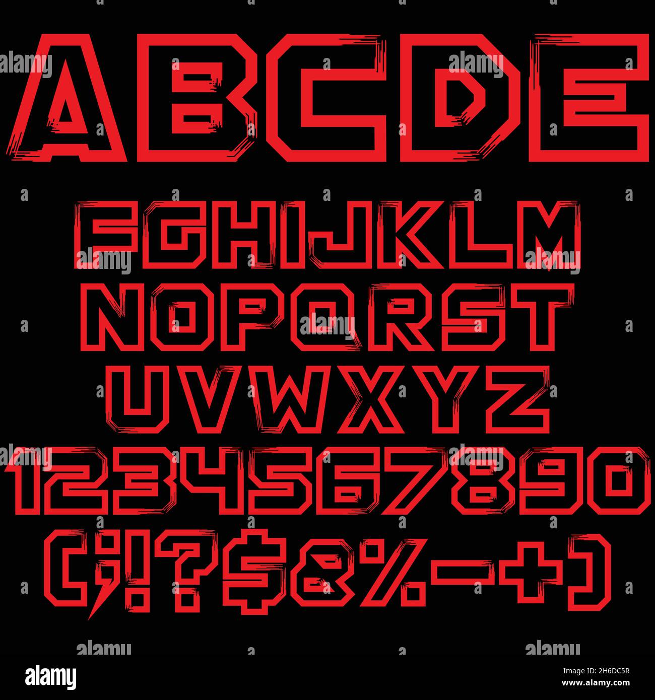 Red alphabet, numbers and signs. Isolated vector objects on black ...