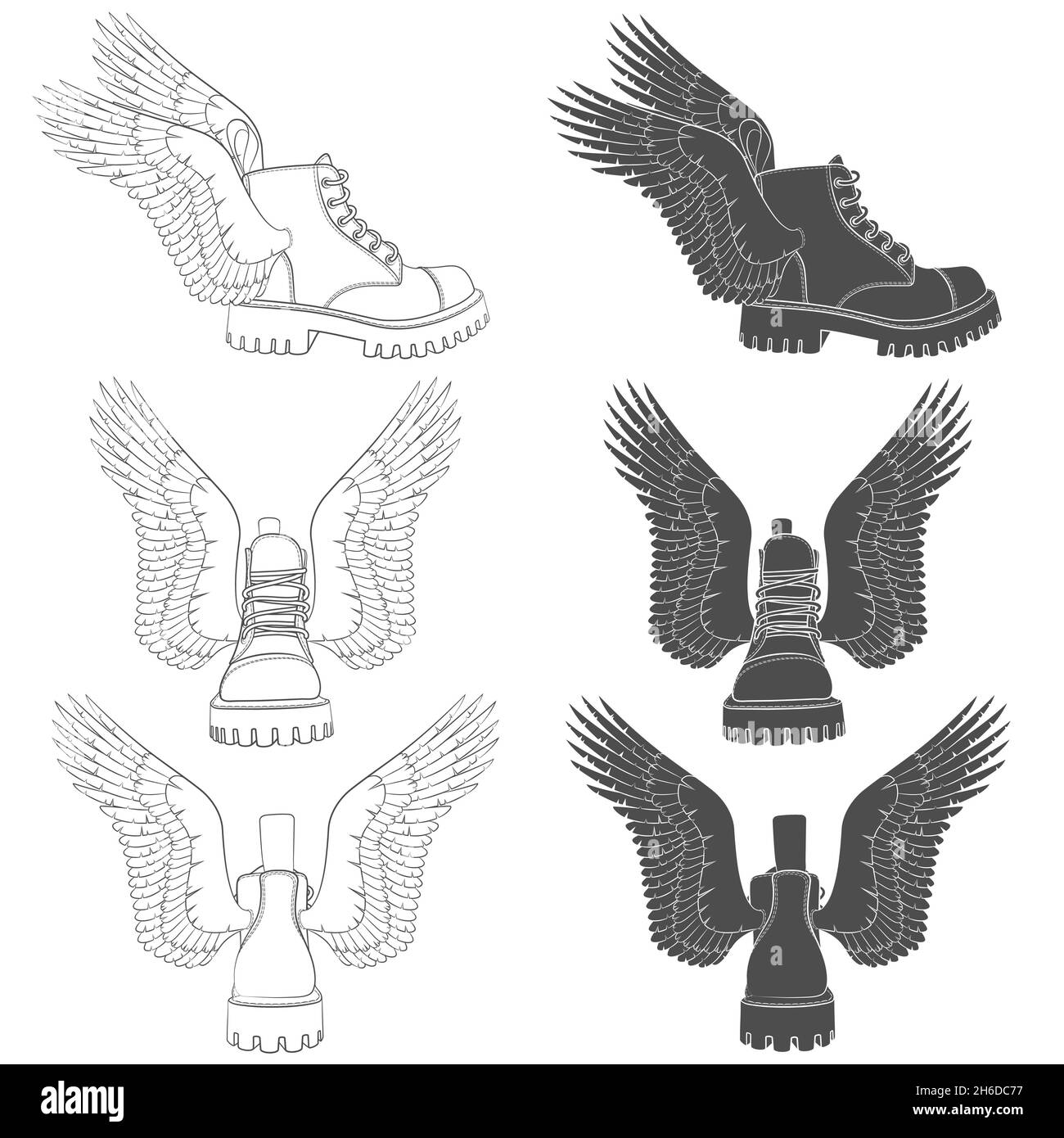 Set of black and white illustrations of boots with wings. Isolated ...