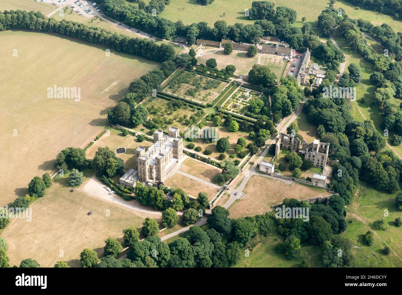 Hardwick Hall, formal garden and the ruins of Hardwick Old Hall, near ...