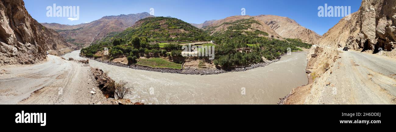 Panj river and Pamir mountains. Panj is upper part of Amu Darya river ...